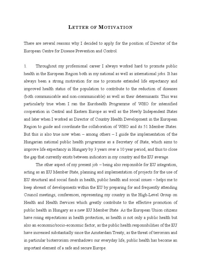 Motivation Letter | European Union | Public Health