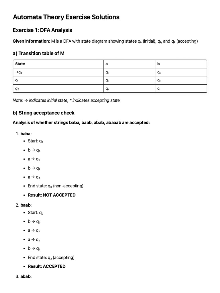 Automata Theory Exercise Solutions Pdf Theoretical Computer Science Theory Of Computation