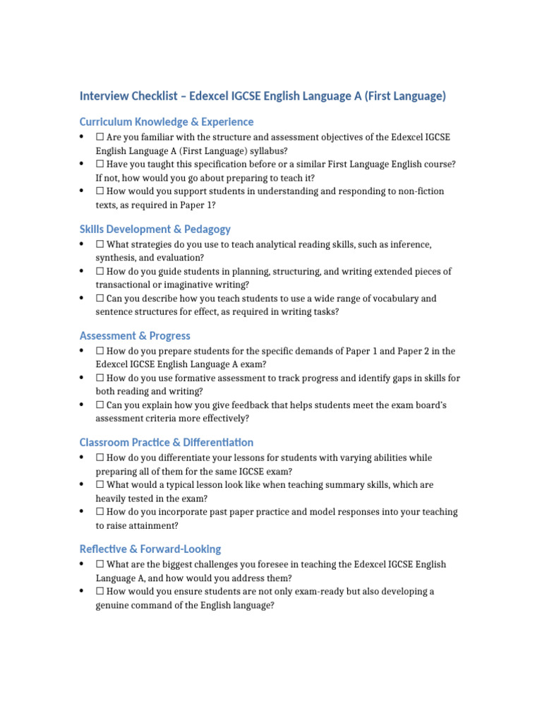 Interview_Checklist_IGCSE_English | PDF