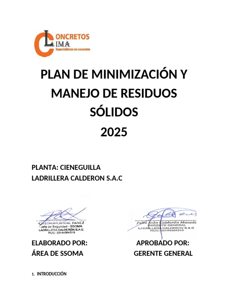 Plan de Minimización y Manejo de Residuos Sólidos | PDF | Residuos | Gestión de residuos