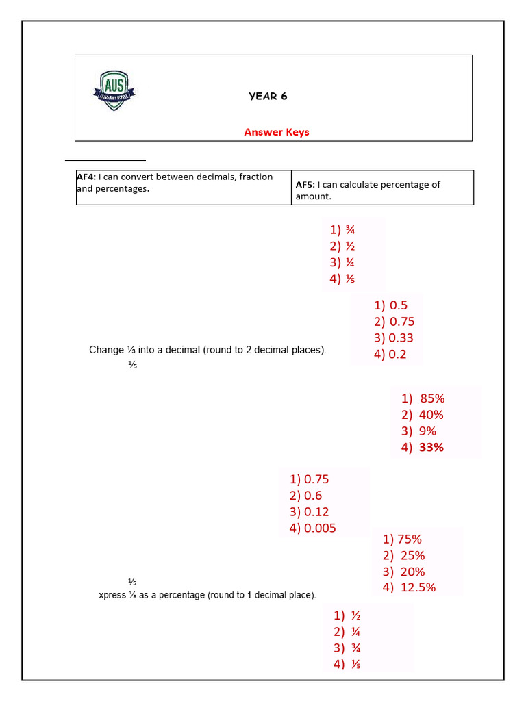 Answer Keys - Yr6 - MATH REINFORCEMENT WORKSHEET - TERM 2 - Day2 | PDF ...