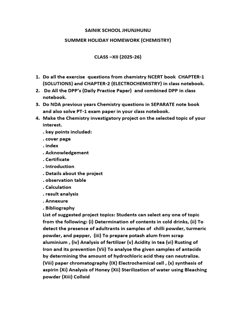 Summer Holiday Homework For Class XII (2025-26) | PDF