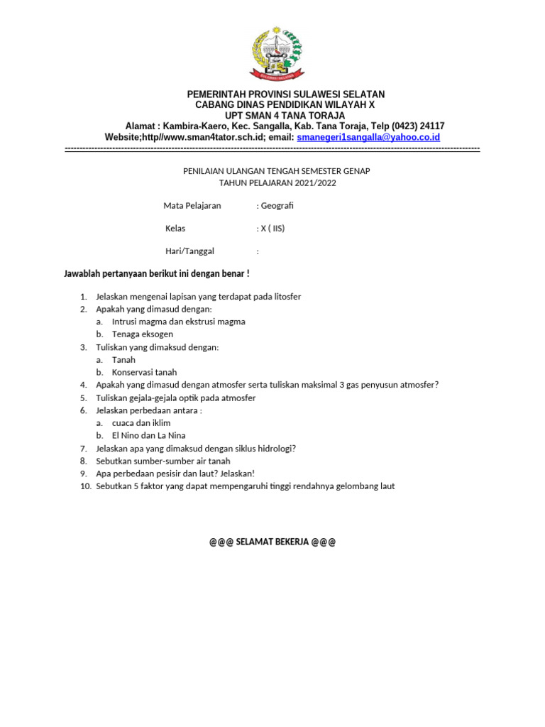 Format Soal Semester Geografi X Genap | PDF