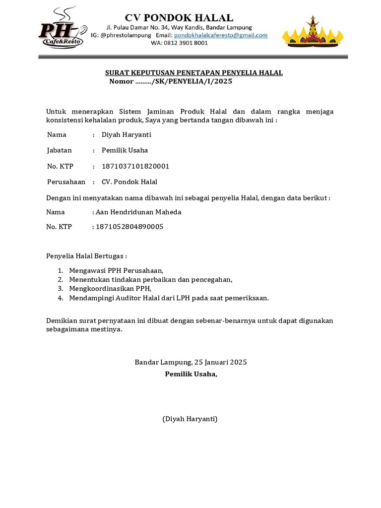 Surat Penetapan Penyelia Halal | PDF