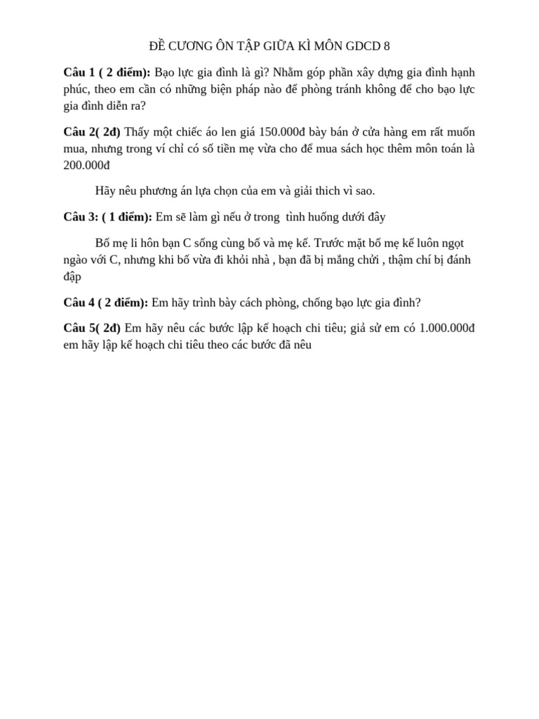 Đề Cương Ôn Tập Giữa Kì Môn Gdcd 8 | PDF