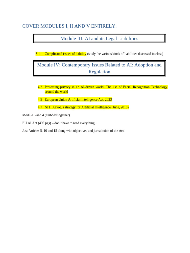 Cover Modules I, Ii and V Entirely. Module III: AI and Its Legal ...
