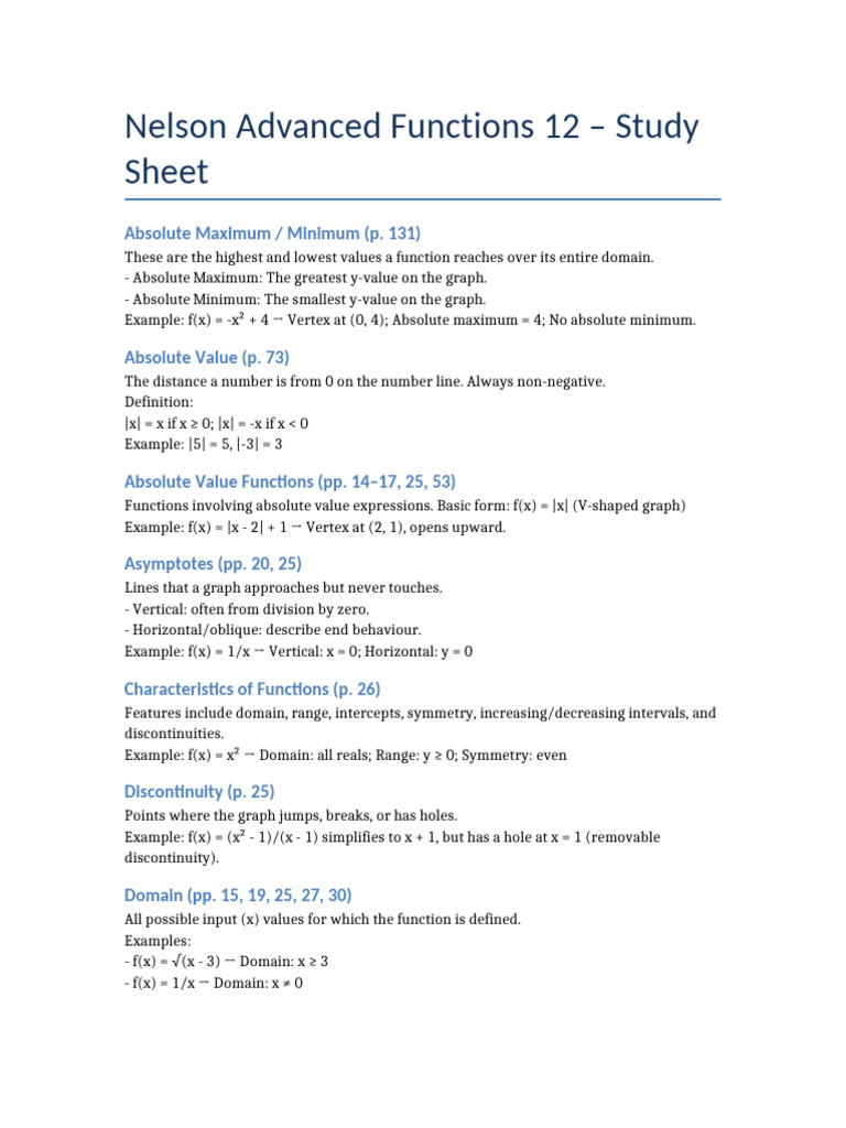 Nelson Advanced Functions 12 Study Sheet Updated | PDF | Mathematical ...