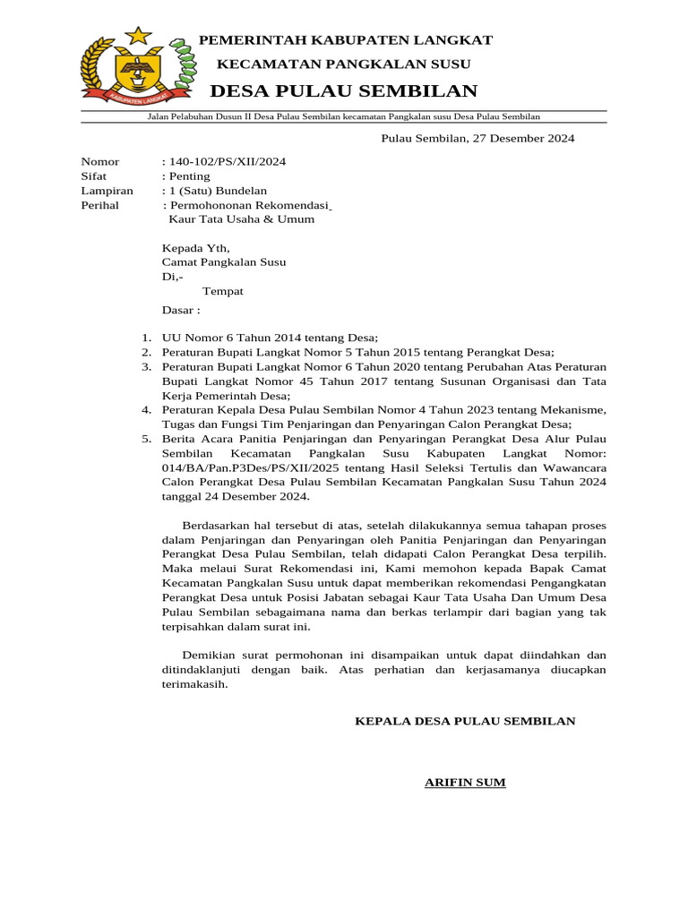 No. 102 Rekomendasi Kasi Pelayanan | PDF