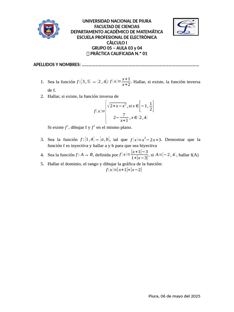 Pràctica Calificada N 01 Càlculo I. | PDF