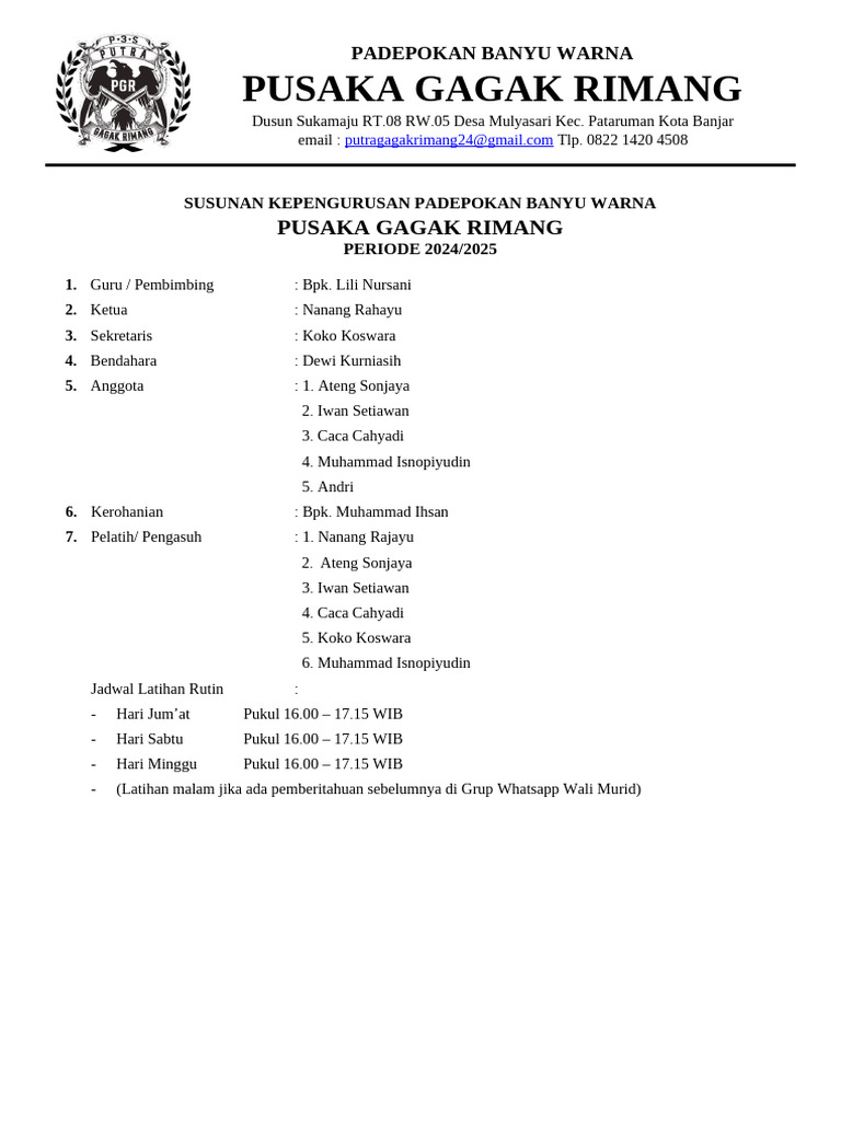 Susunan Kepengurusan Pusaka Gagak Rimang | PDF