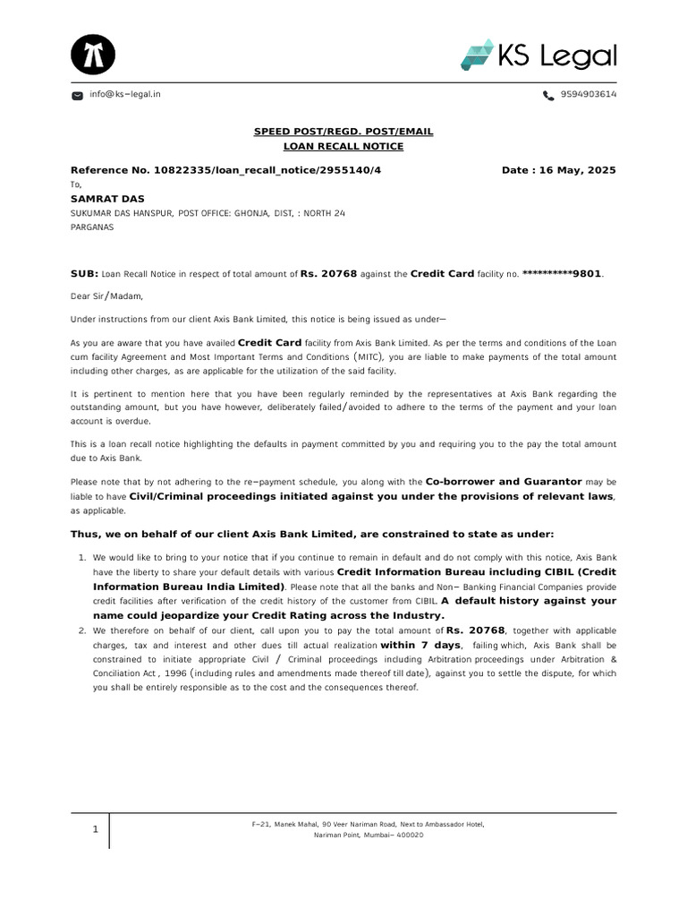 Legal Notice 10822335 XXXXXXXXXX9801 17052025174014 | PDF | Credit ...