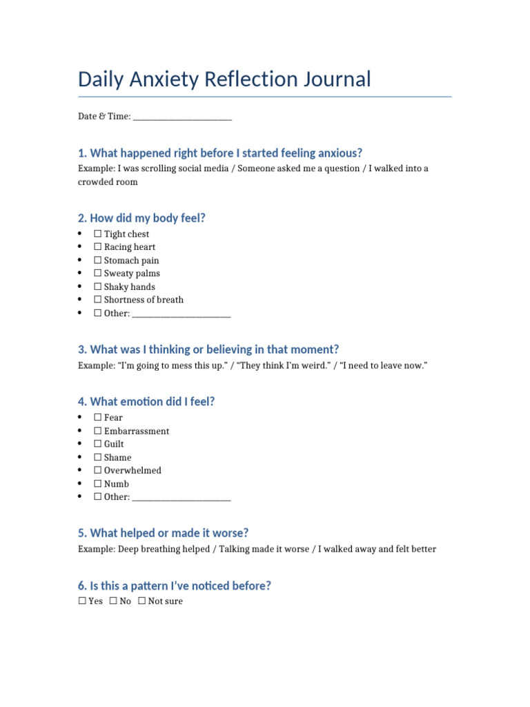 Anxiety Reflection Journal Template | PDF