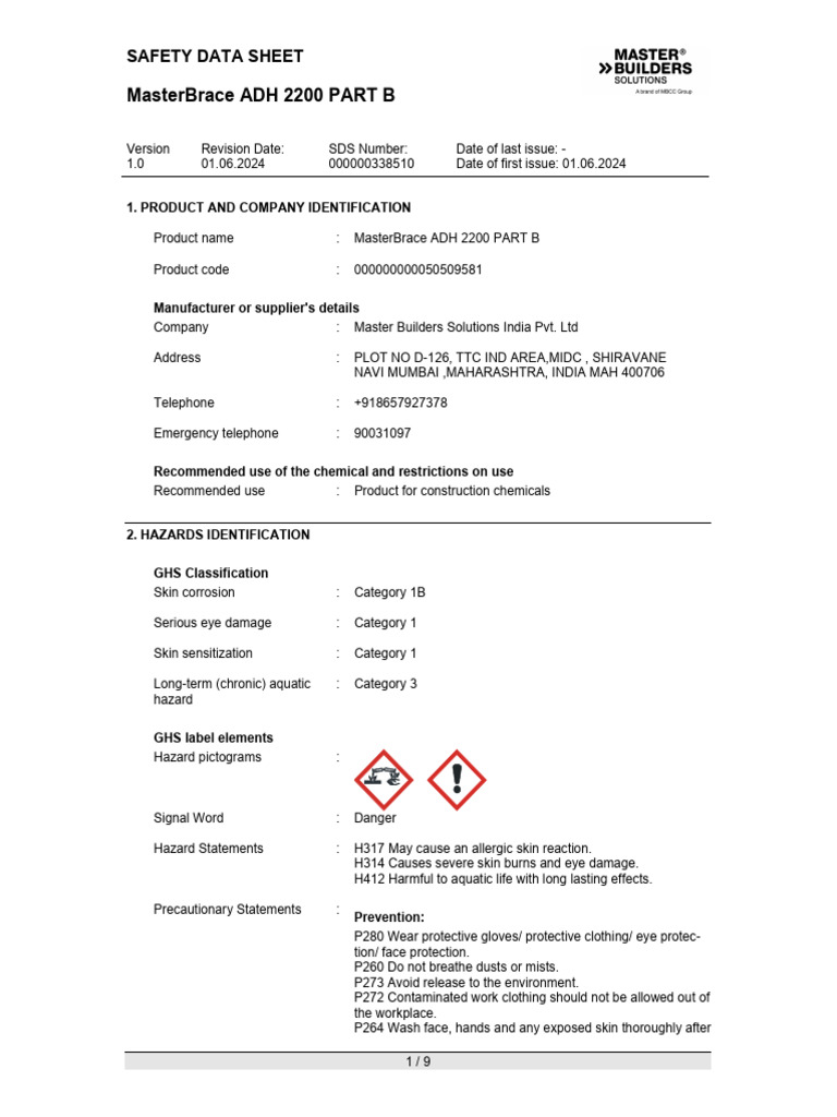 MasterBrace ADH 2200 Part B SDS | PDF | Occupational Safety And Health ...