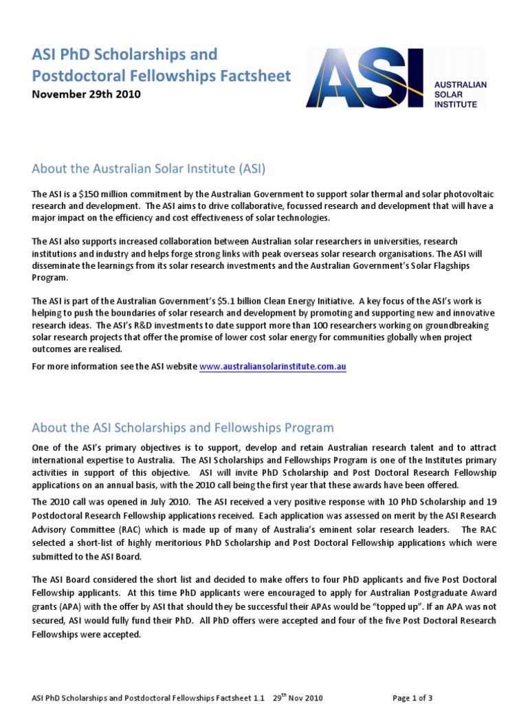 Asi PHD Scholarships and Postdoctoral Fellowships Factsheet: About The ...