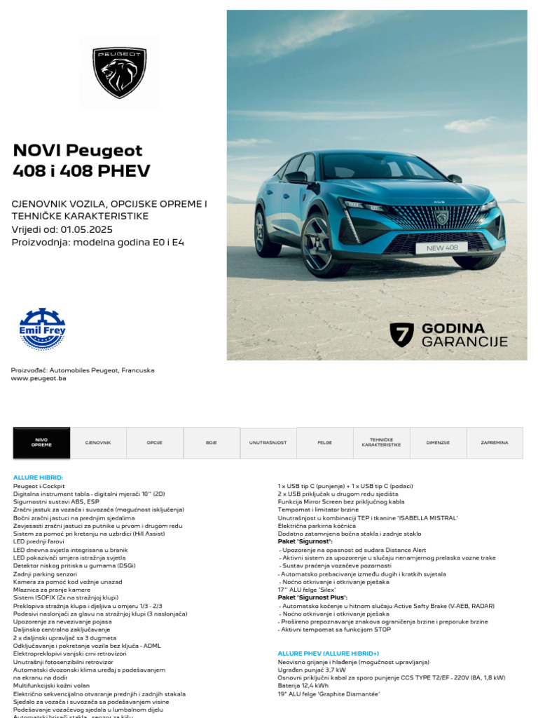 Cjenovnik i Cjenovnik Opcija NOVI PEUGEOT 408 | PDF
