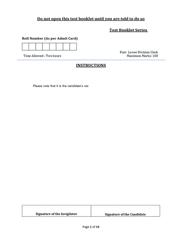 Do Not Open This Test Booklet Until You Are Told To Do So Test Booklet ...