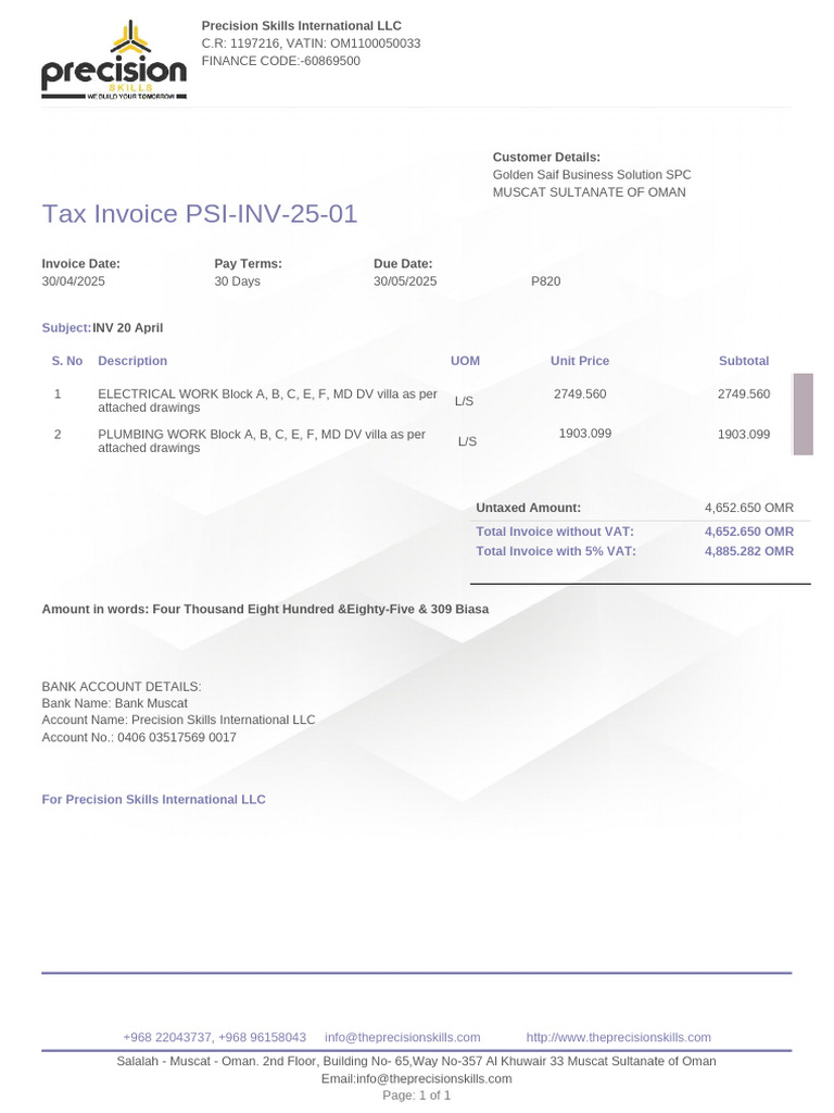 Main Invoice PSI INV April 25 | PDF