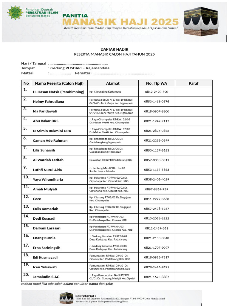 Daftar Hadir Manasik Haji 2025 | PDF