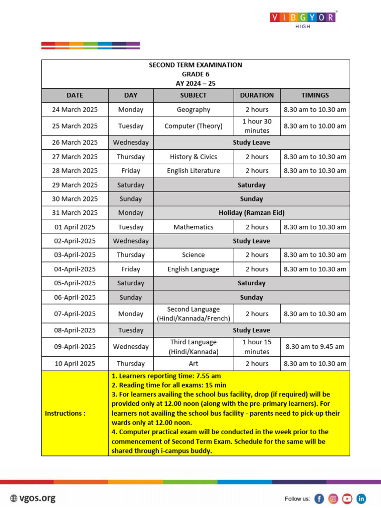 Annexure 1. A. 5 VH - Grade 6 - Term 2 Timetable | PDF