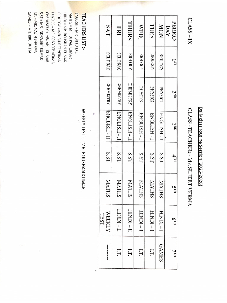 STD - IX (Class Routine, 2025-26) | PDF