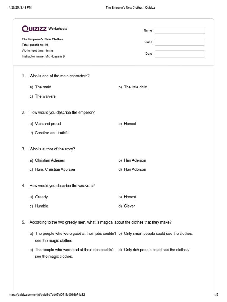 Emperor's New Clothes Worksheet | PDF | European Fairy Tales | Folklore