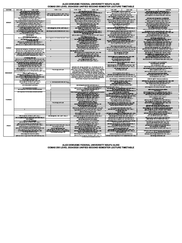 Ccmas Unified 200l 2024 2025 Second Semester Lecture Time Table For ...