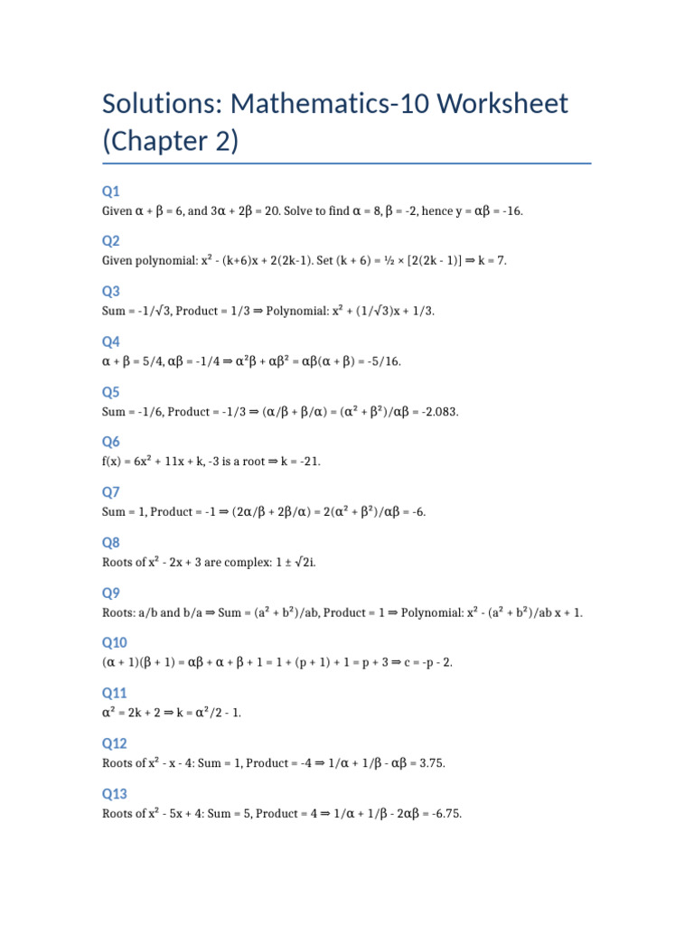 Maths 10 Worksheet Chapter2 Solutions | PDF