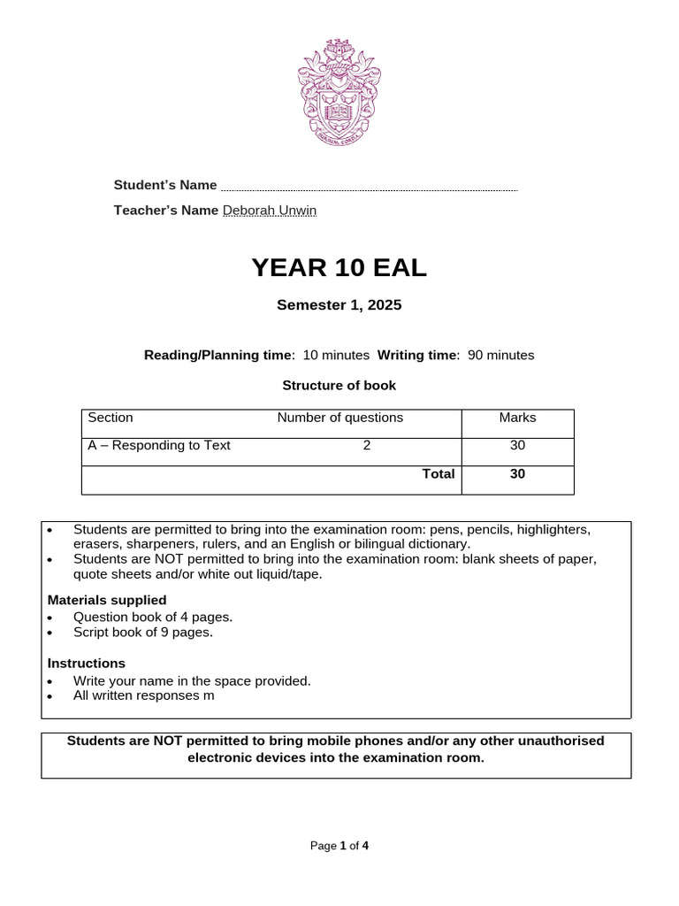 2025 Semester 1 10 EAL Coversheet | PDF | Analysis | English Language