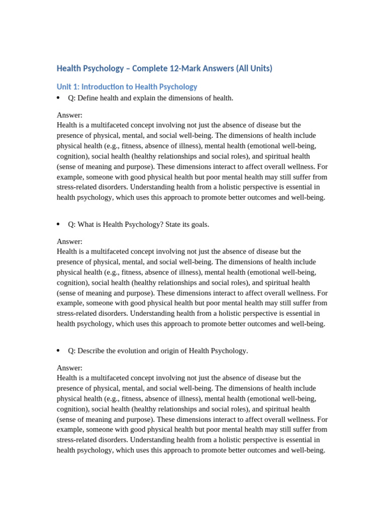 Health Psychology 12 Mark Detailed | PDF | Mental Health | Well Being