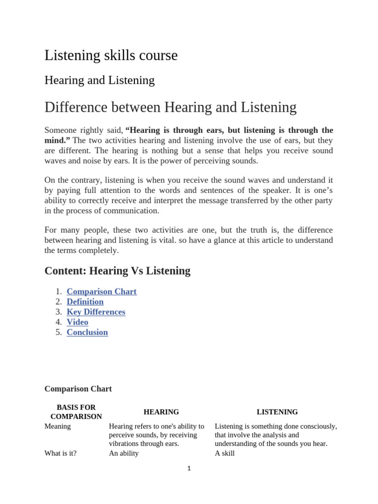 Hearing vs Listening: Key Differences | PDF | Nonverbal Communication ...
