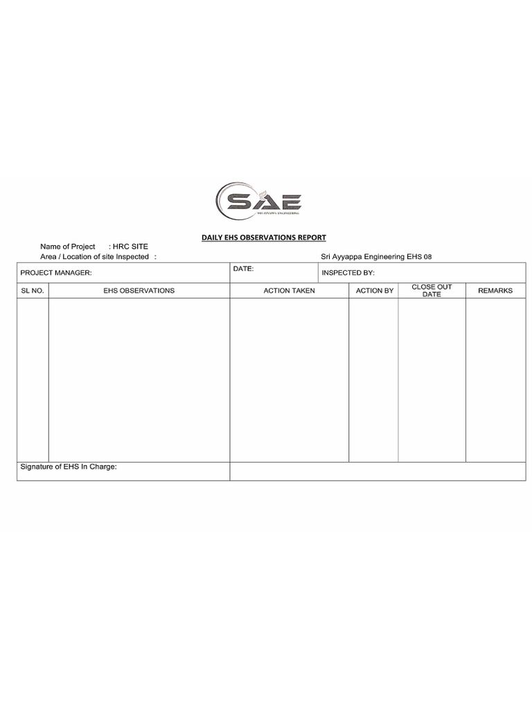 ABS EHS 8 Project HSE Daily Observation Report | PDF