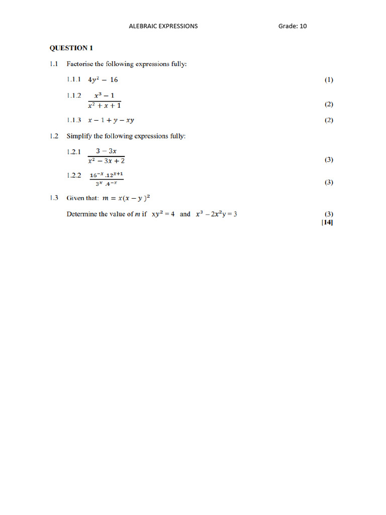 Grade 10 Algebraic Expressions | PDF