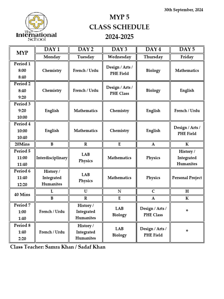 MYP 5 Class - Schedule 30th September 2024 | PDF