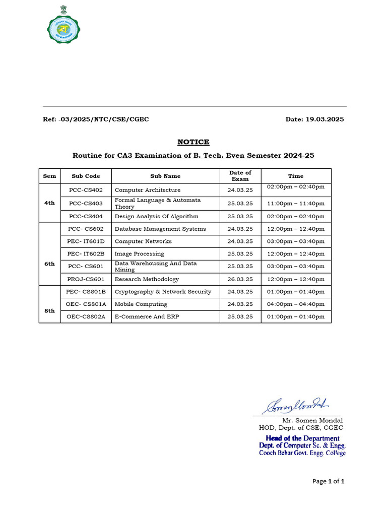 Notice For Student - (CA3 Exam Routine - Even Sem 2024-25) | PDF