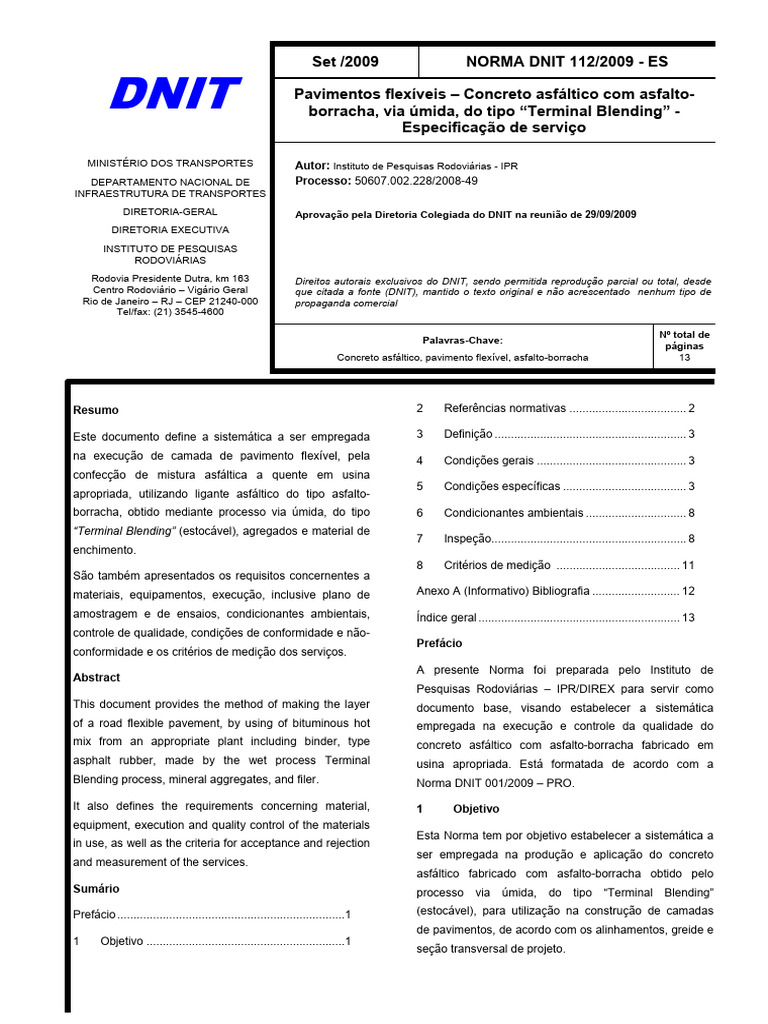 Set - 2009 NORMA DNIT 112 - 2009 - ES DNIT ... - IPR - Dnit | PDF | Cimento | Concreto