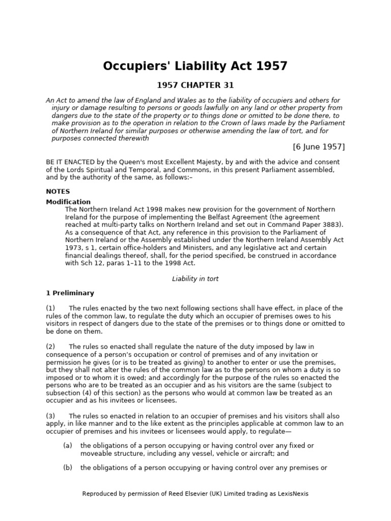 Overview of Occupiers' Liability Act 1957 | PDF | Leasehold Estate ...