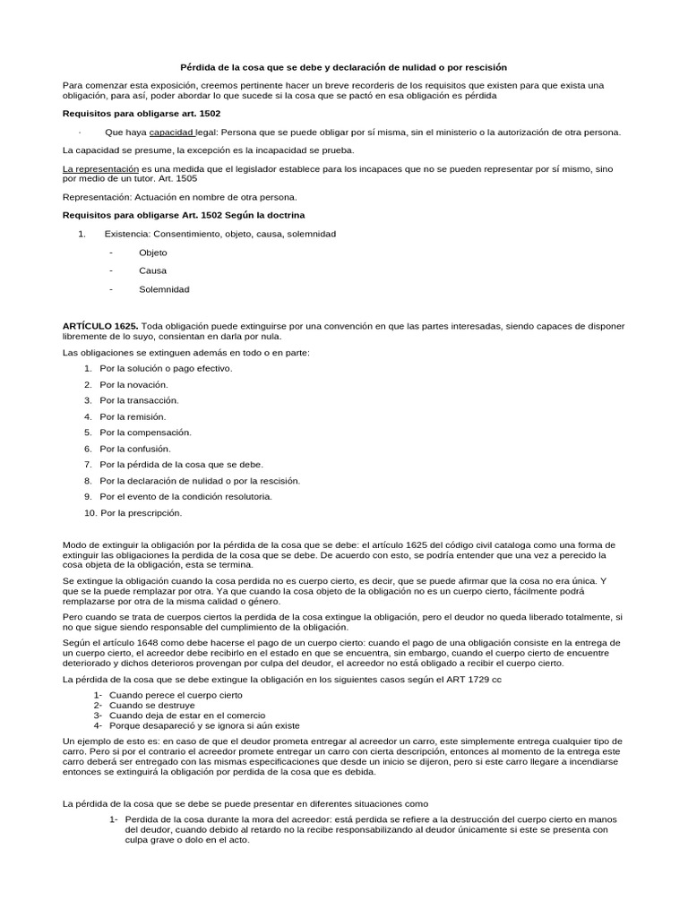 Pérdida de La Cosa Que Se Debe y Declaración de Nulidad o Por Rescisión - Tema de Exposicion 2do ...