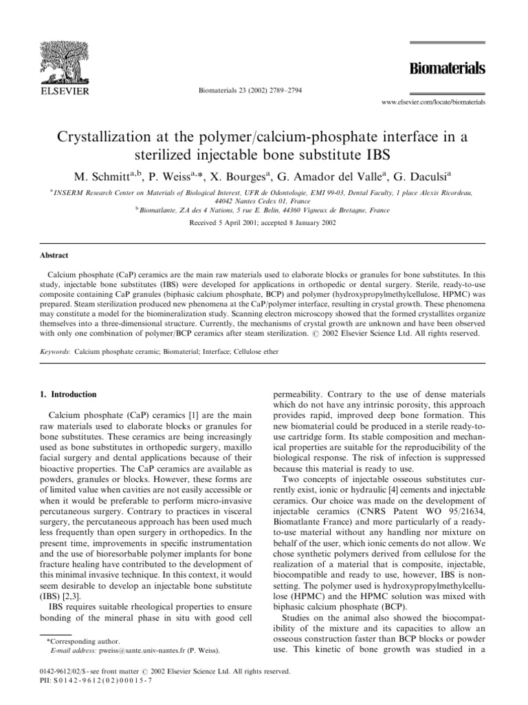 Crystallization at The Polymer Calcium Phosphate Interface in A Sterilized Injectable Bone ...