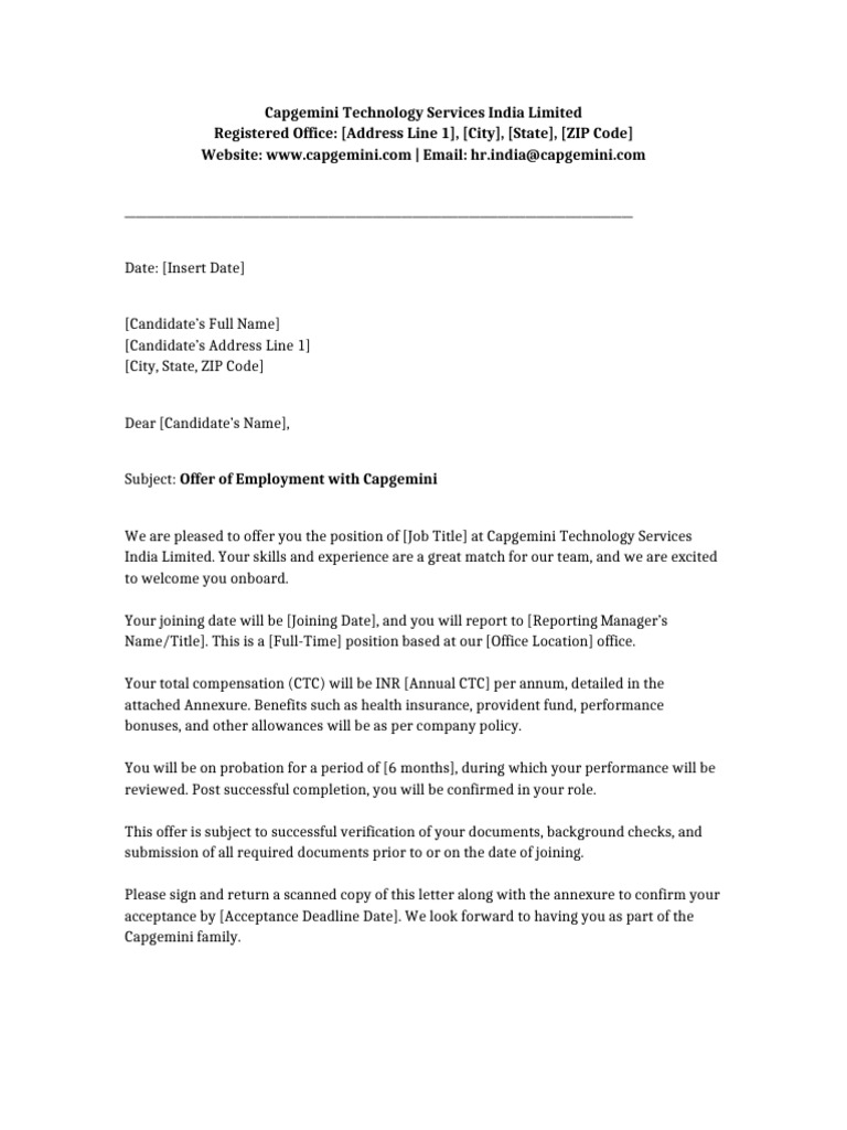Capgemini Offer Letter Template | PDF