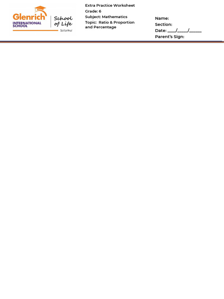 G6 Extra Worksheet On Percentage and Ratio & Proportion 2024-25 | PDF