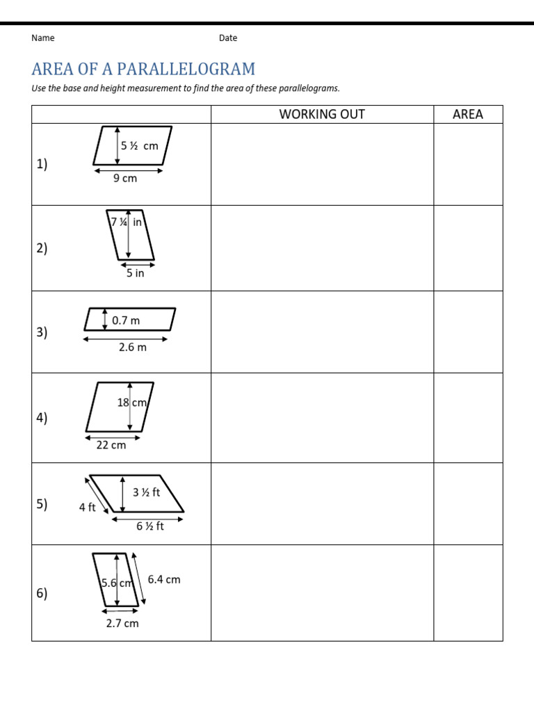Area of Parallelogram and Trapezium Worksheet | PDF