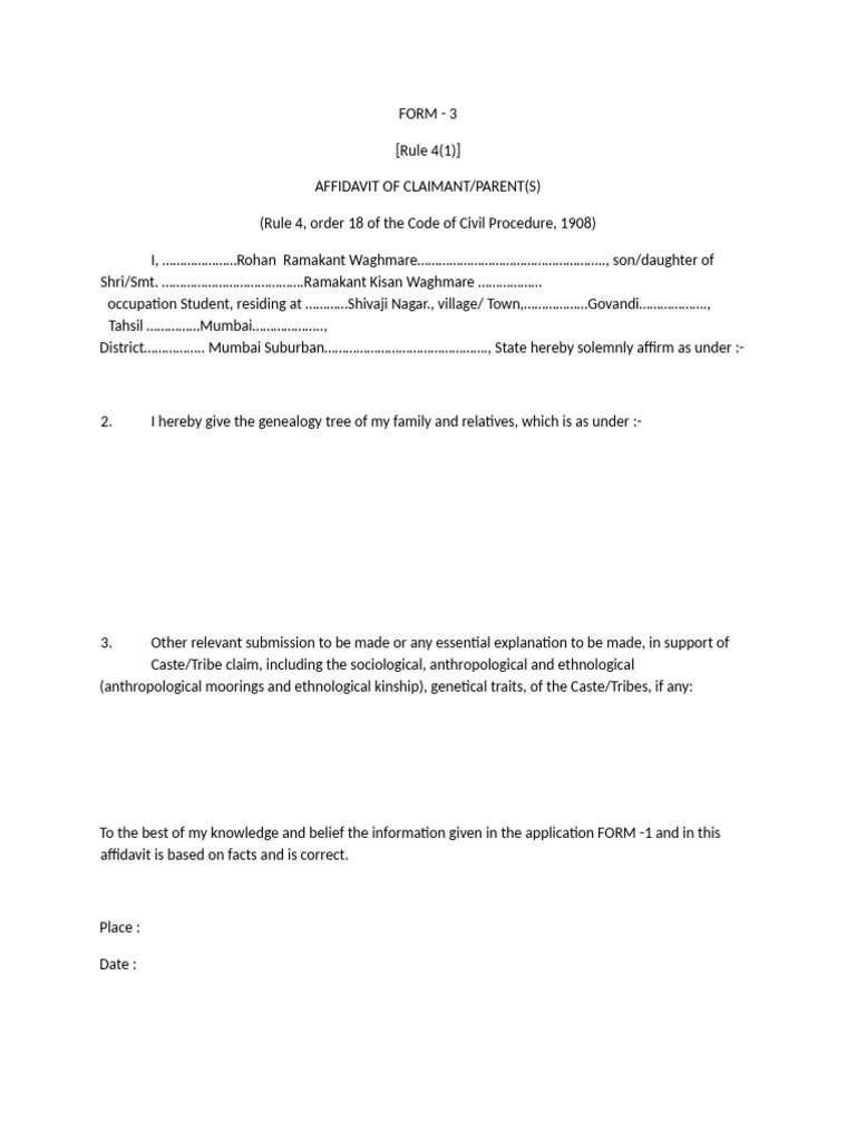 Form 3 Affidavit for Caste Validity | PDF