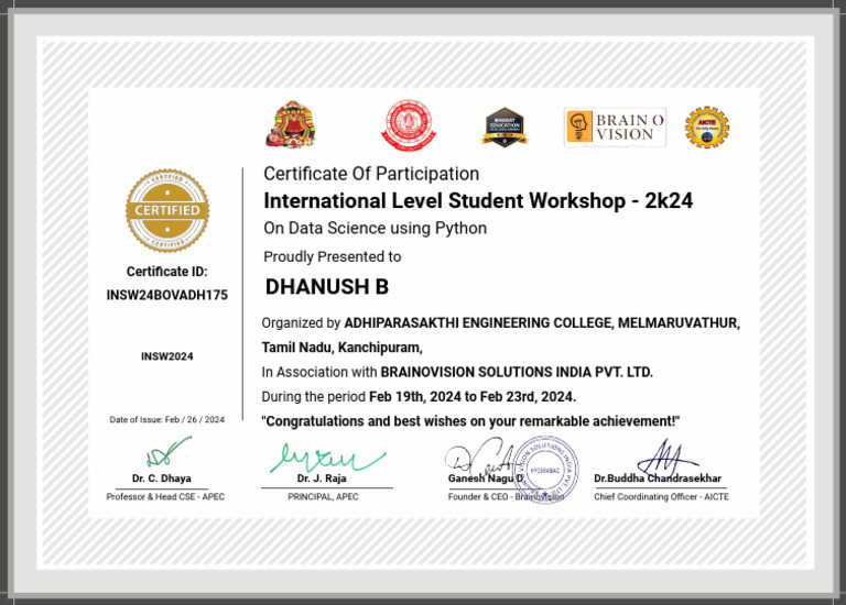 International Student Workshop 2024 On Data Science Using Python by Brainovision | PDF