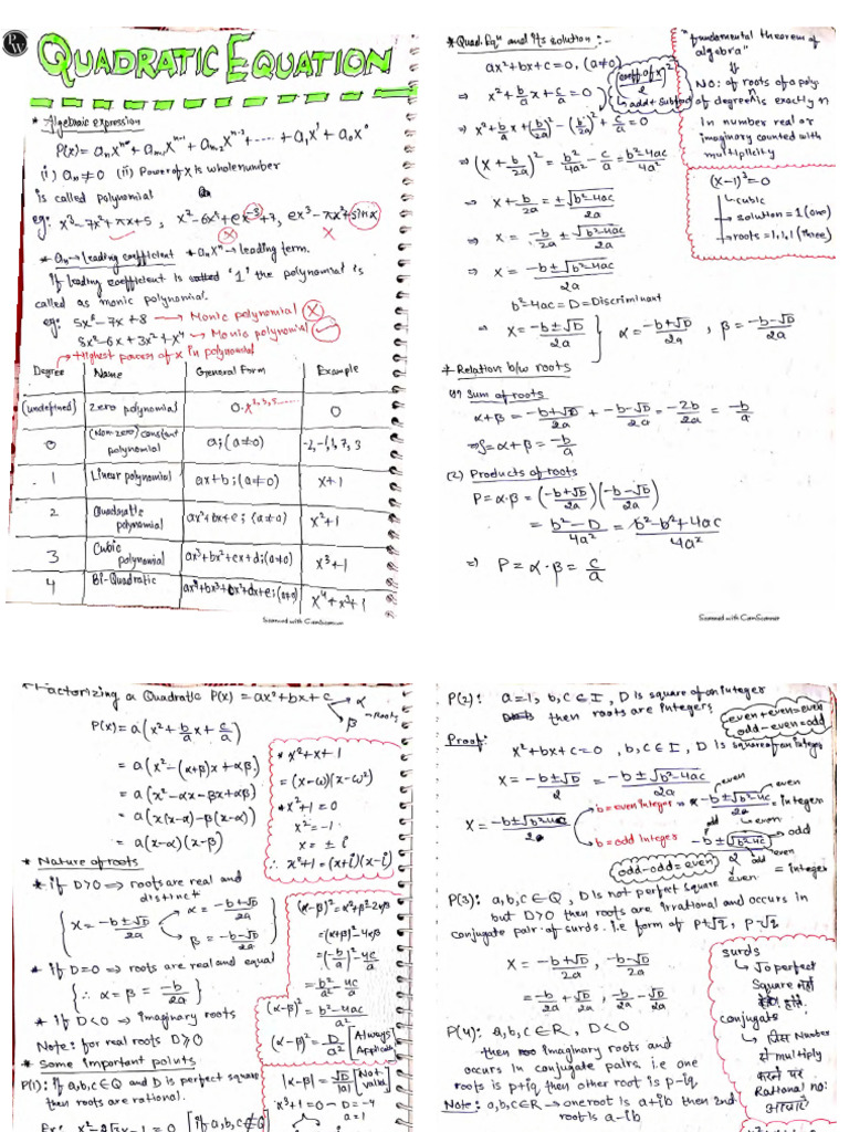 Quadratic Equation - Handwritten Notes | PDF