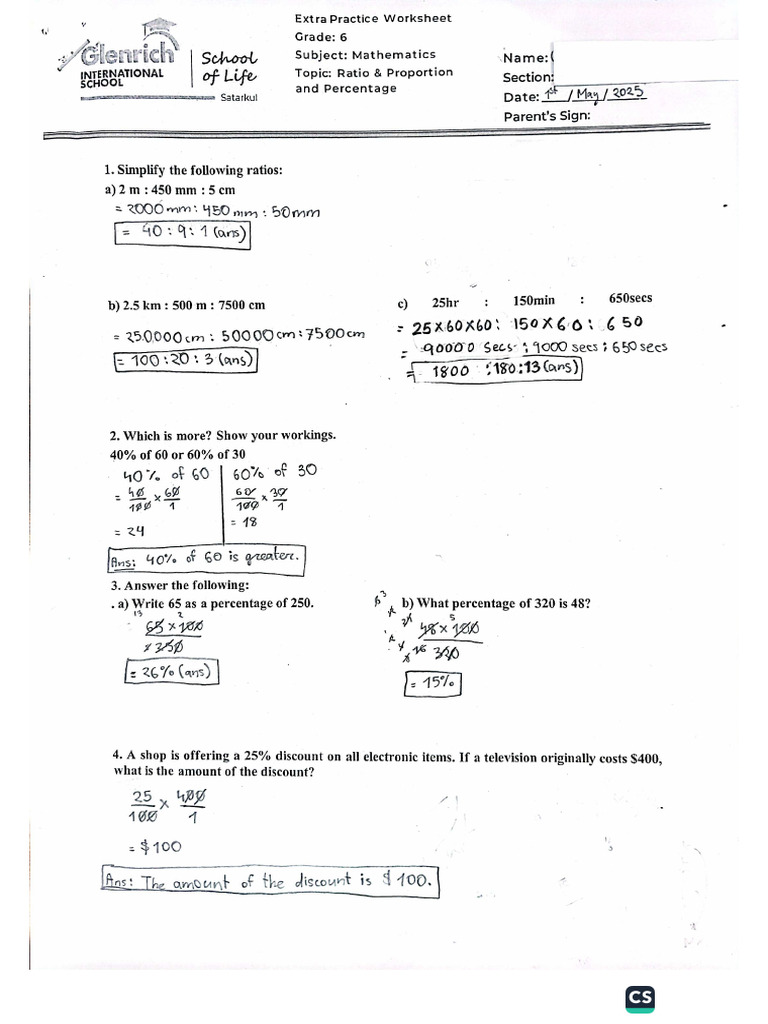 Ans Key Grade6 Extra WS Ratio & Proportion and Percentage | PDF