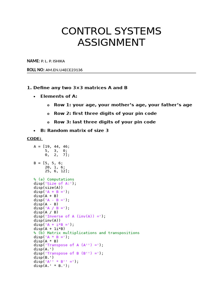 Control Systems Assignment | PDF | Matrix (Mathematics) | Mathematical ...