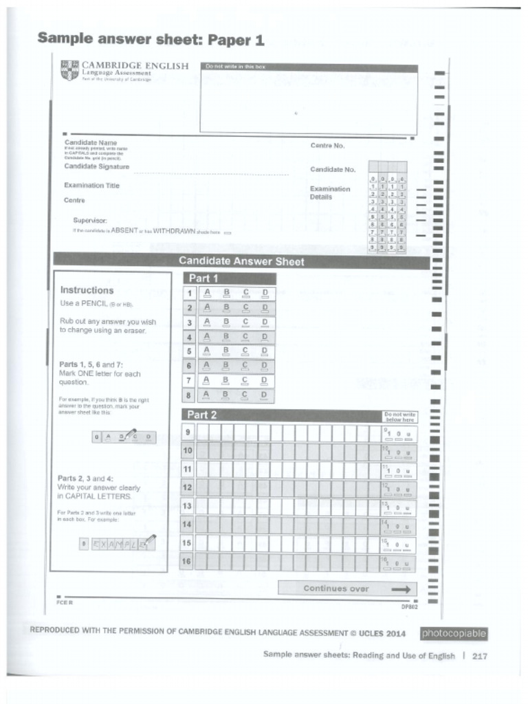 FCE Answer Sheet Reading and Use of English | PDF