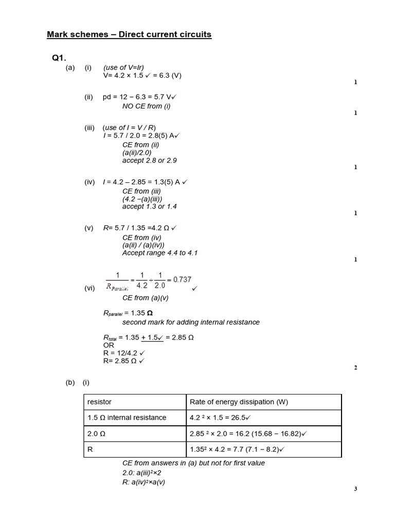 Direct Current Circuits - Mark Scheme | PDF | Volt | Electronic Engineering