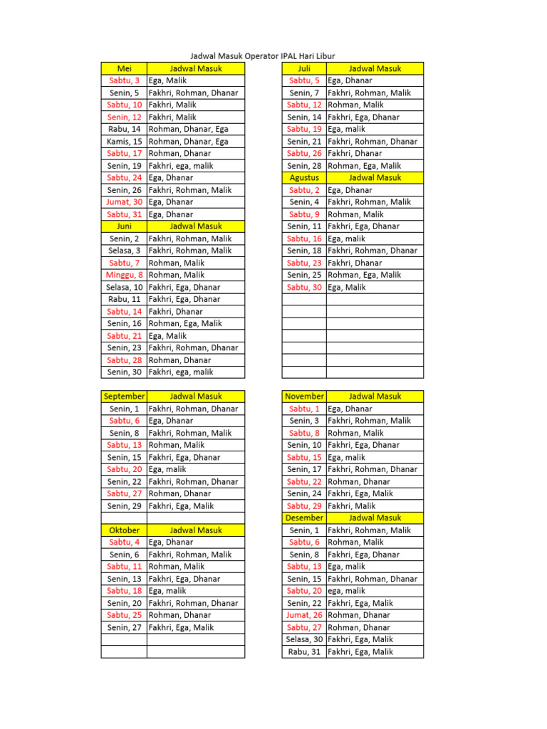 Jadwal Masuk Hari Libur OPERATOR IPAL | PDF