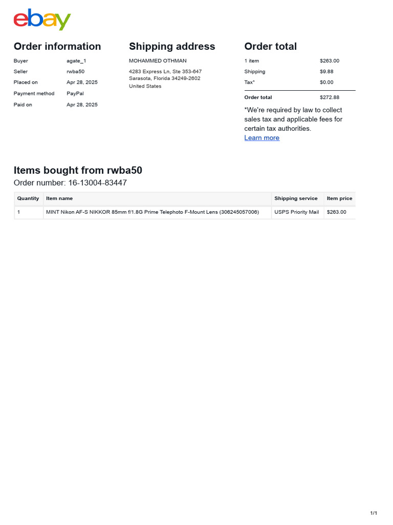 Order Details - EBay - Lens | PDF